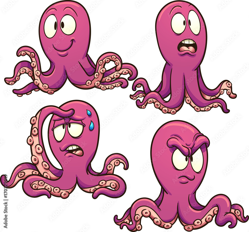 Cartoon octopus with different expressions. Vector clip art ...
