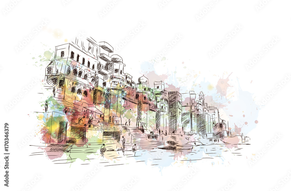 Watercolor sketch of Ganga Ghat Varanasi India in vector illustration ...