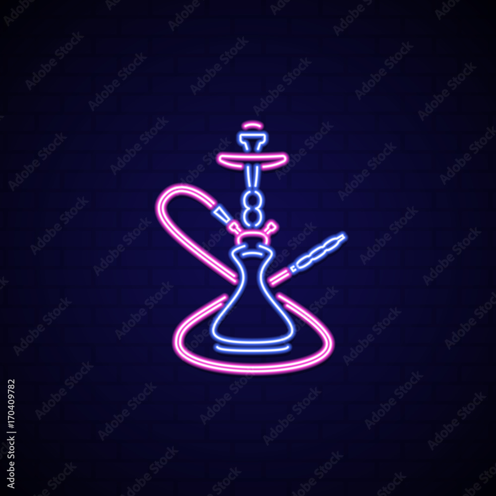 Neon signboard of hookah. Neon sign hookah for lounge cafe emblem ...