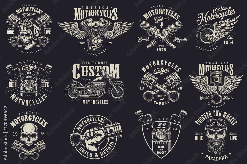 Set of vintage custom motorcycle emblems, labels, badges, logos, prints ...