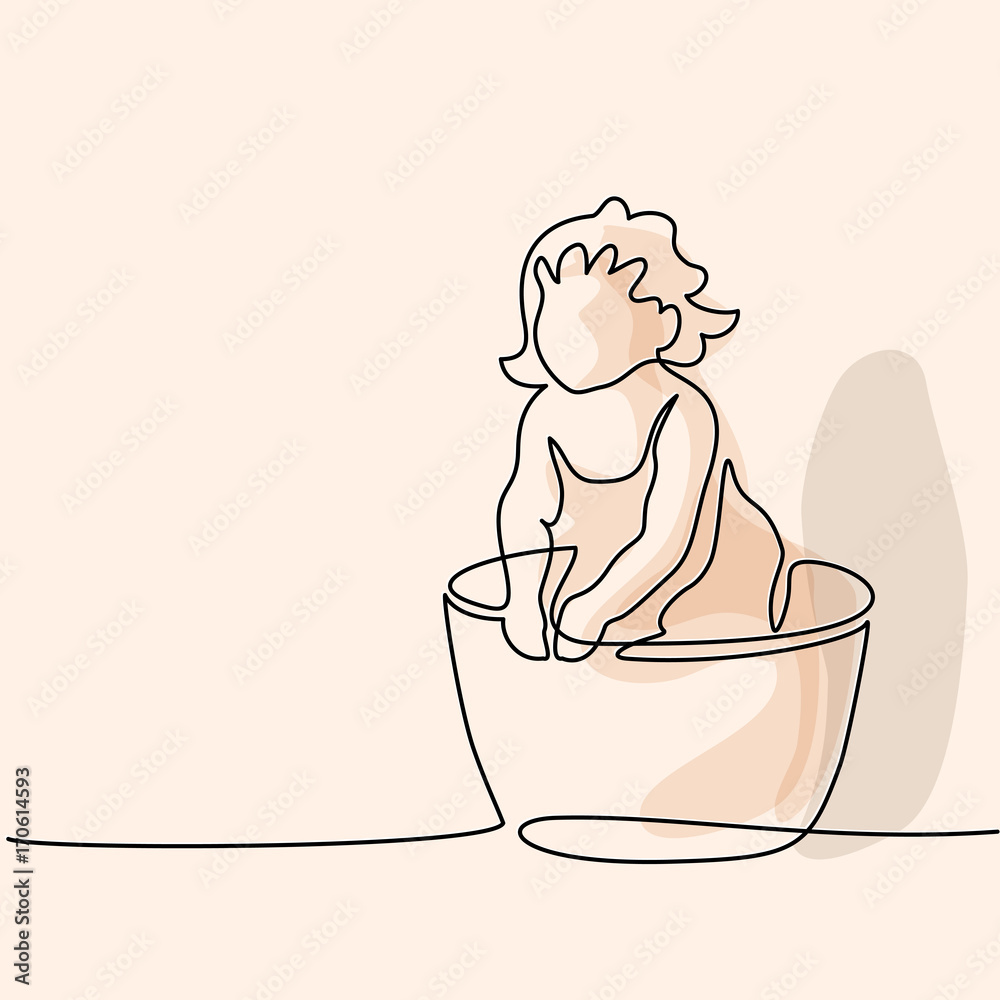 Vetor Continuous line drawing. Cute baby is bathing in trough. Vector ...