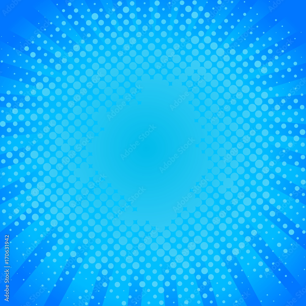 Blue dots comic background. Pop art design blue radial rays background ...