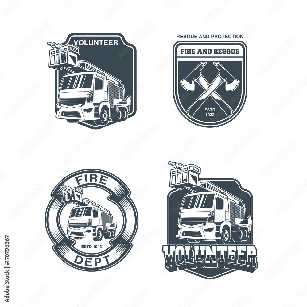 Vintage firefighting labels set with fireman truck and rescue equipment ...