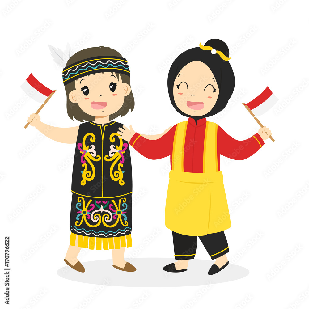 two happy girls in Dayak and Aceh traditional dress holding Indonesian ...