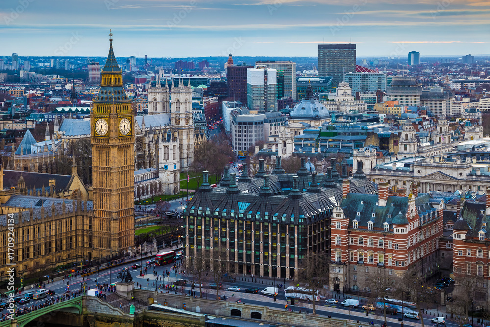 London, England - Aerial skyline view of the famous Big Ben with Houses ...