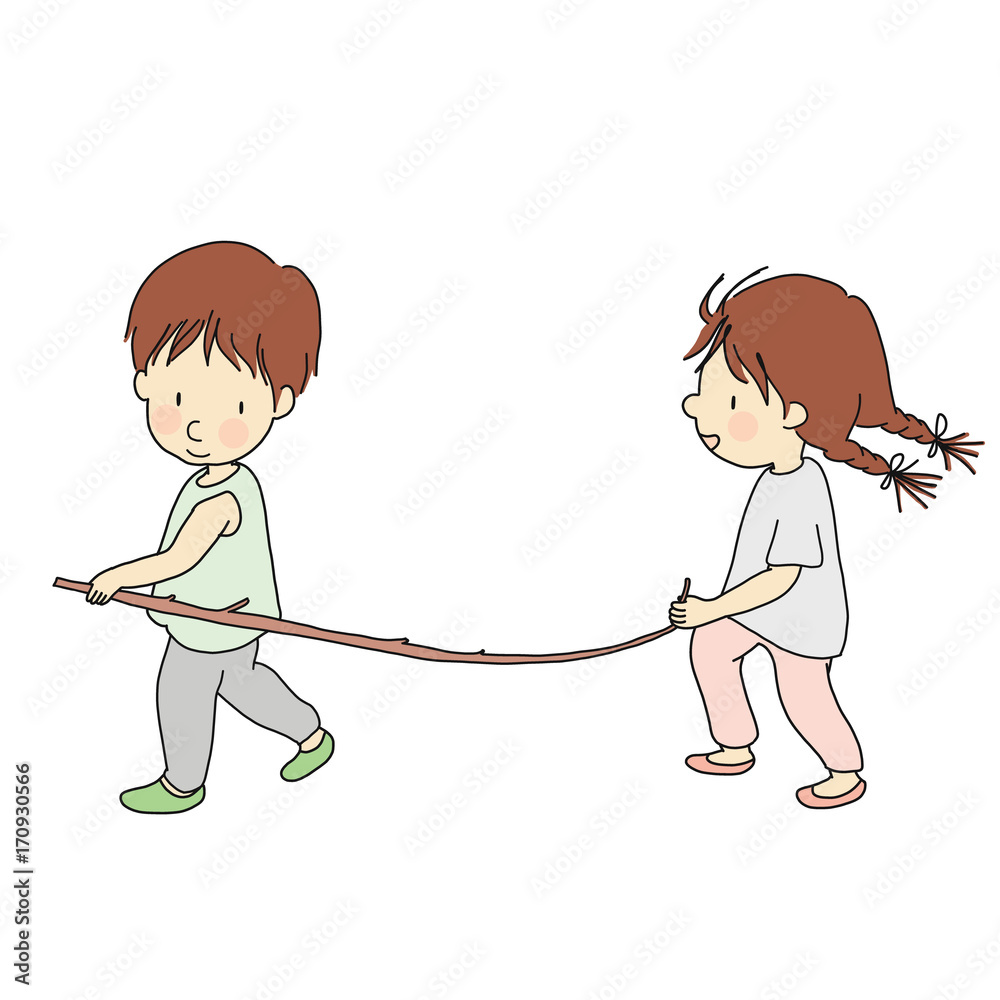Vector illustration of little kid playing stick together with friend ...