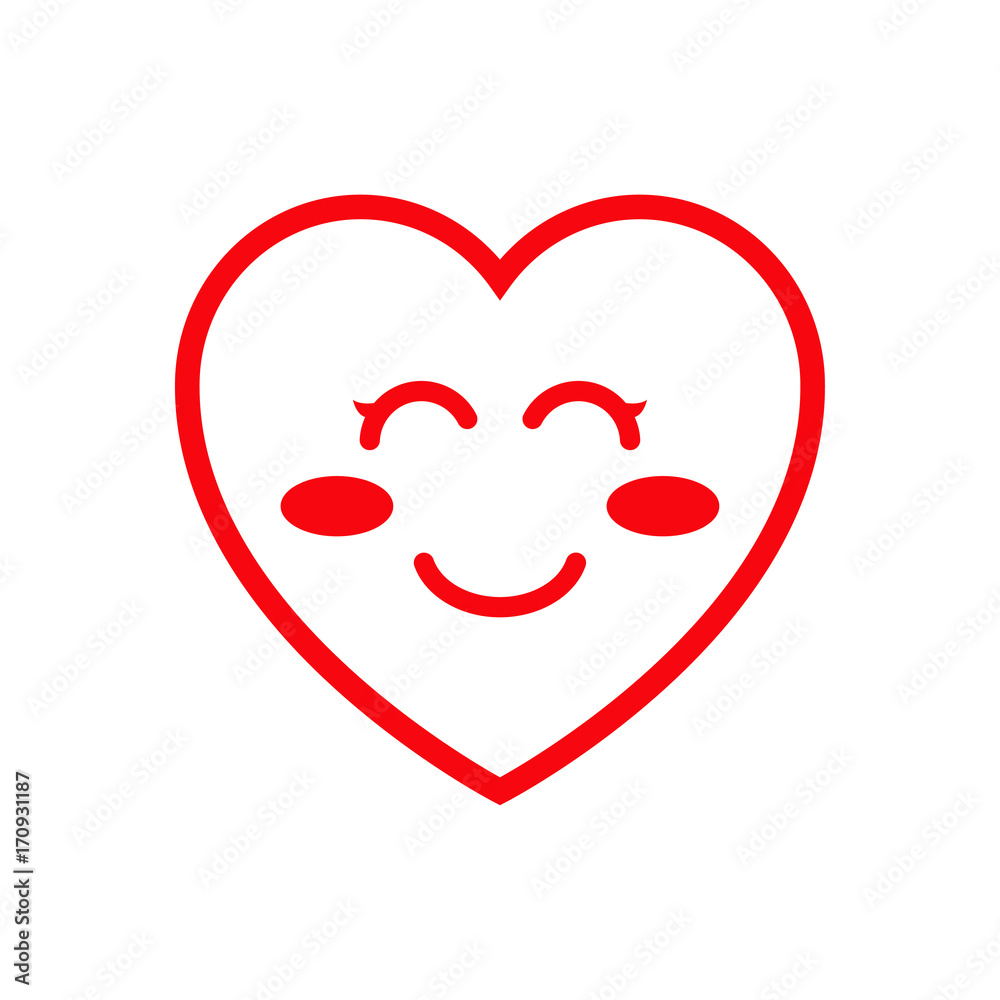 Icono plano corazon con cara kawaii sonriendo rojo en fondo blanco ...