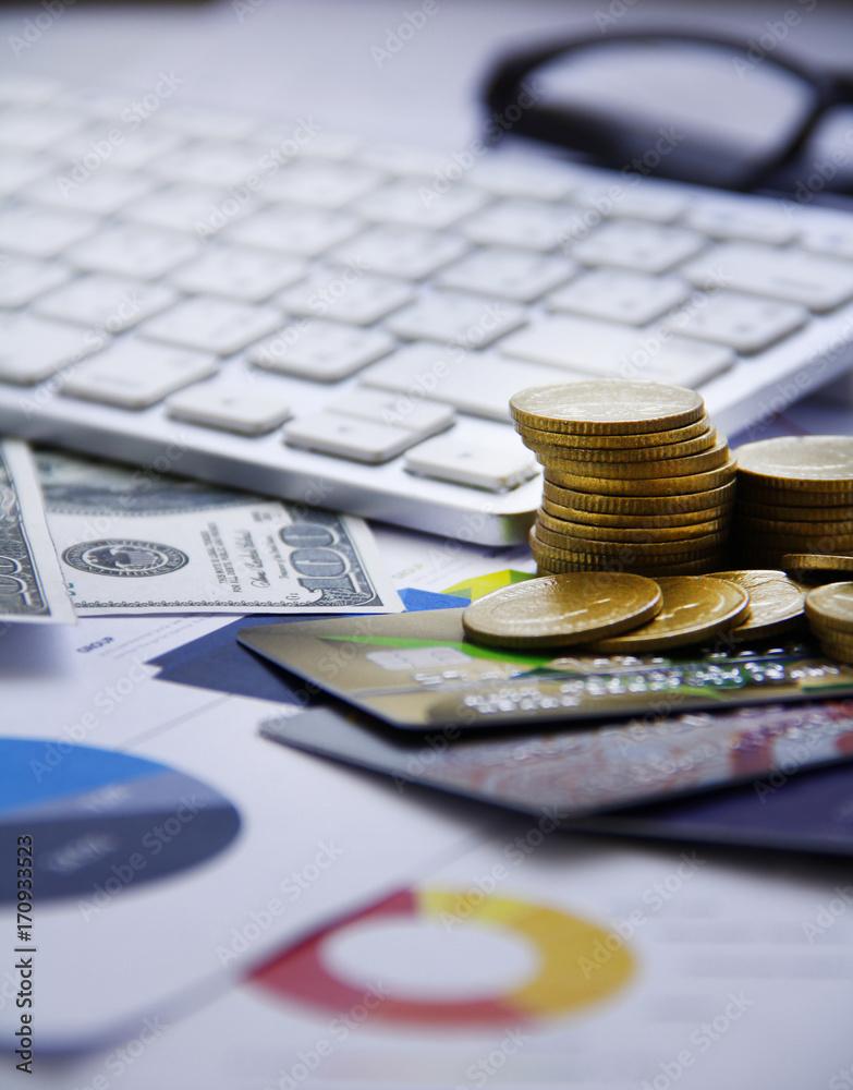 Finance concecpt - money, chart, coin, banknote, keyboard, fin tech ...