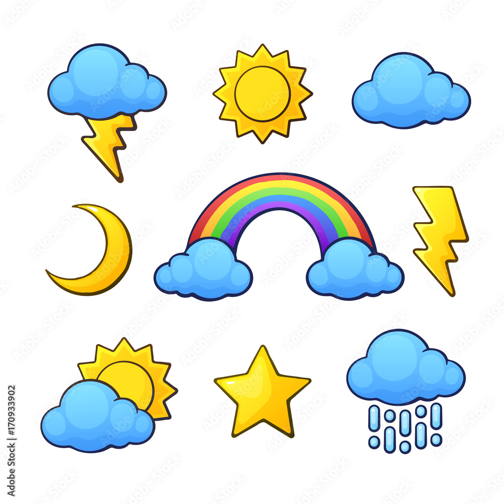 Vector illustration set. Weather symbols in cartoon style with contour ...