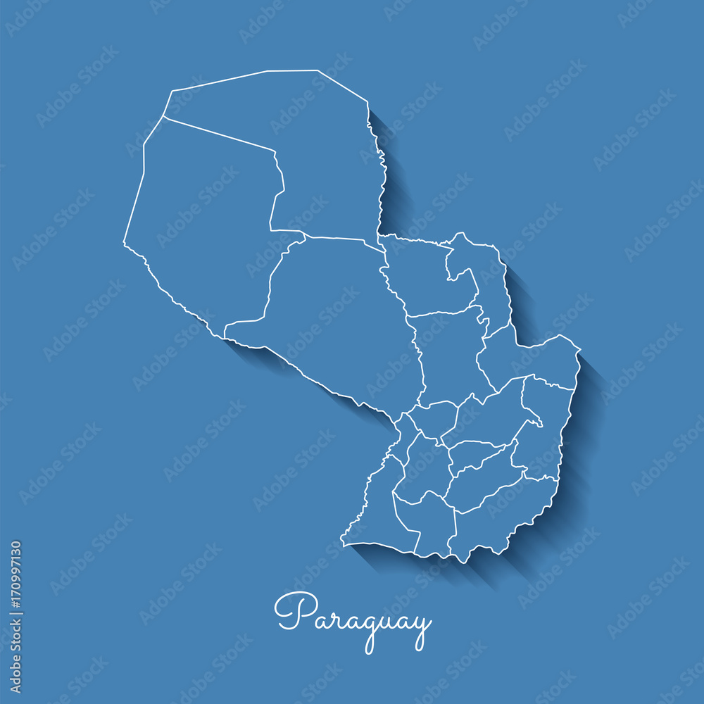 Paraguay region map: blue with white outline and shadow on blue ...