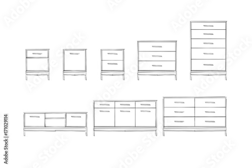 2d illustration. Modern chest of drawers collection isolated on white ...