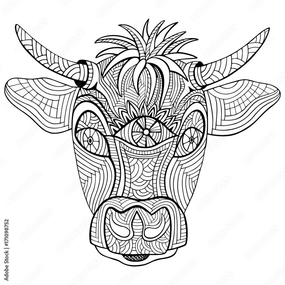 Hand-drawn head of cow. Zentangle and doodle style. Coloring book or ...