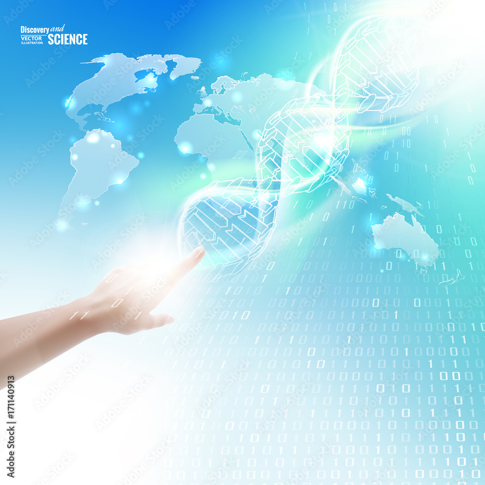 Human hand pointing to the world map over blue sky background with ...