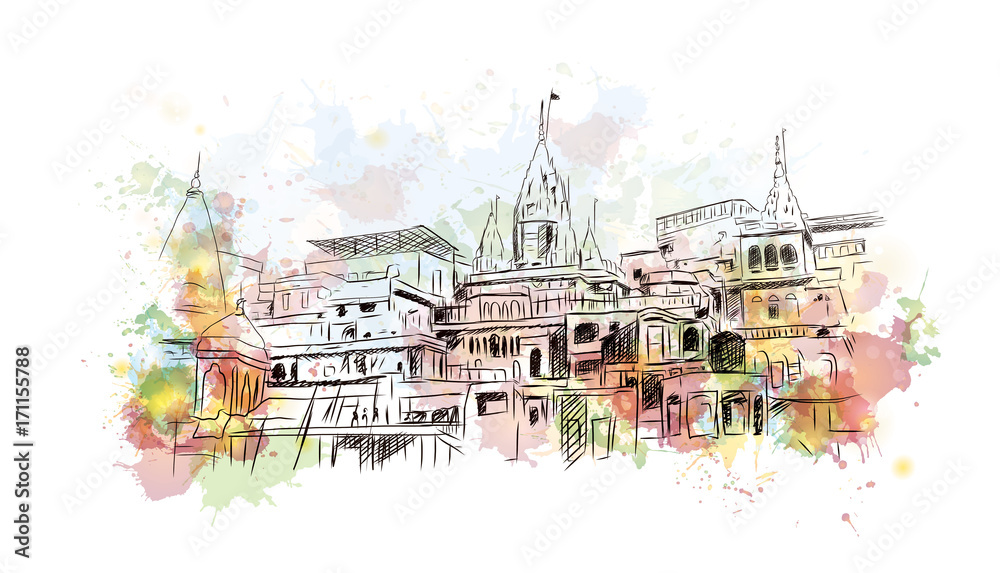 Watercolor sketch of Varanasi Kashi Ghat India in vector illustration ...