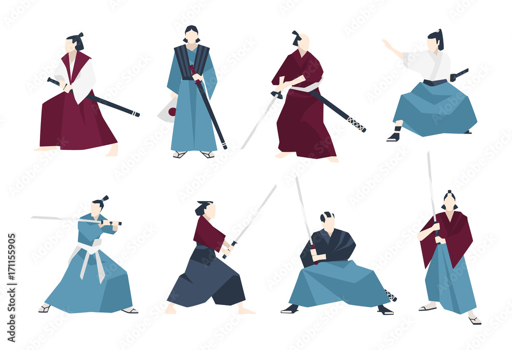 Collection of samurai standing in different postures and holding katana ...