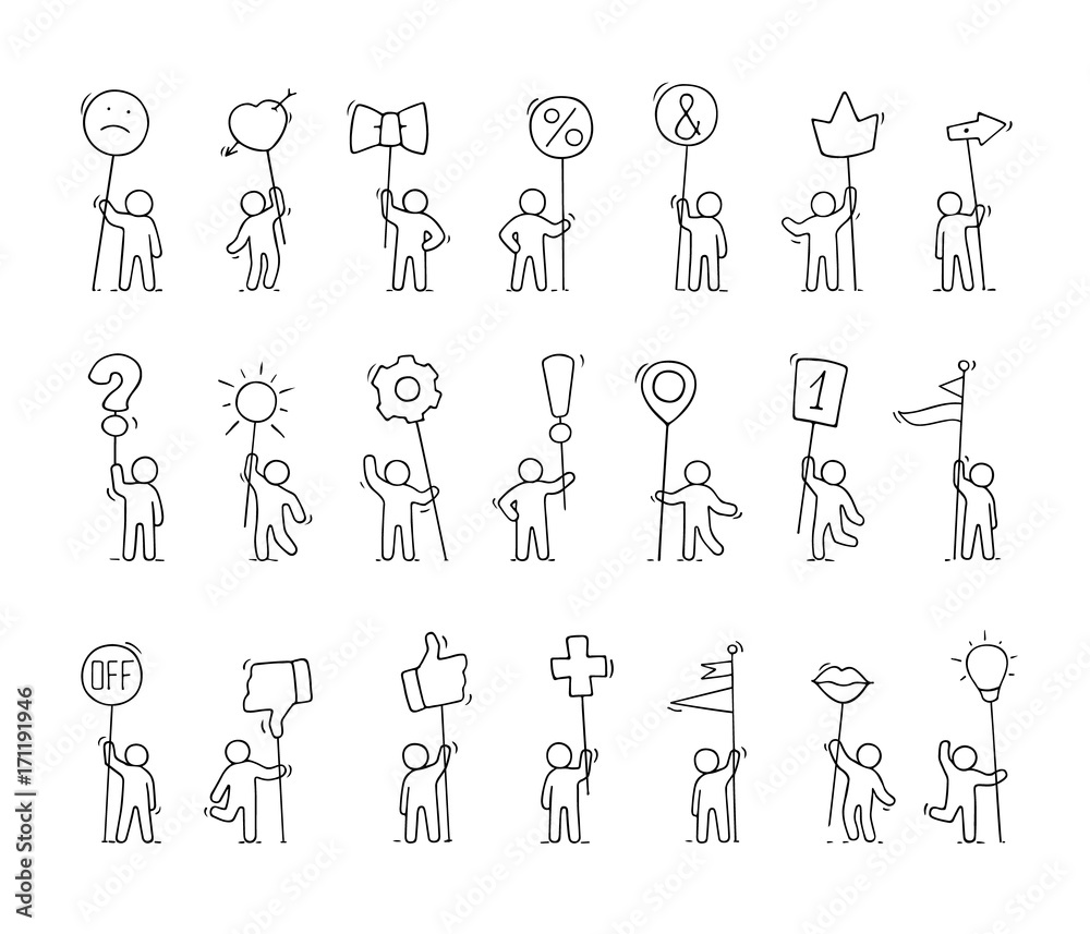 Cartoon icons set of sketch little people with life symbols. Stock ...
