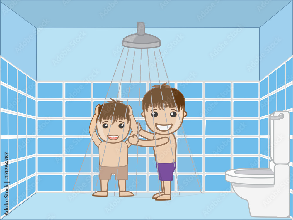 Cartoon Kids Taking a Shower Stock Vector | Adobe Stock
