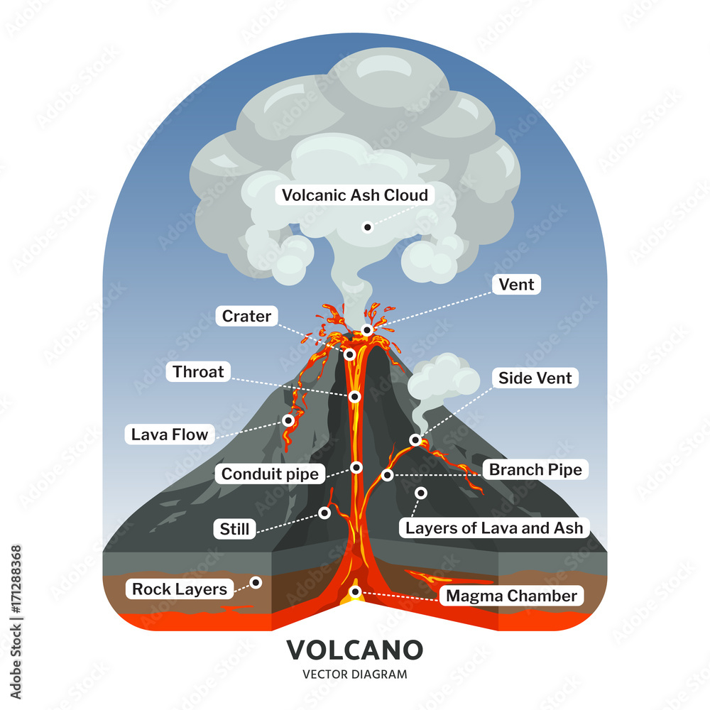 Volcano cross section with hot lava and volcanic ash cloud vector ...