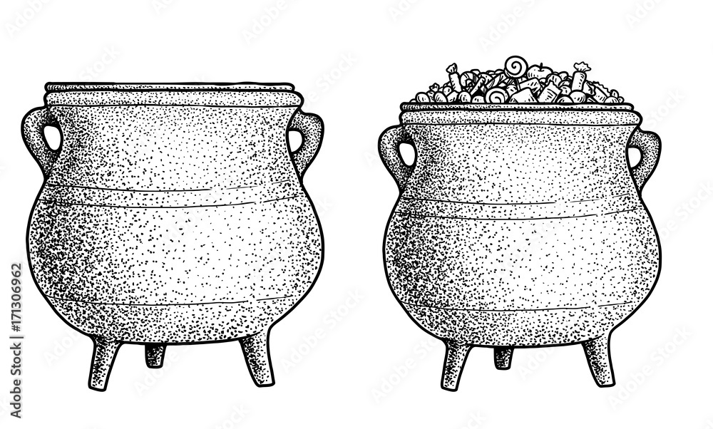Cauldron illustration, drawing, engraving, ink, line art, vector Stock ...