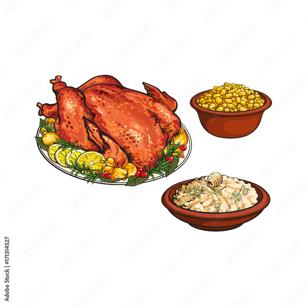 Whole roasted turkey, mashed potato and bowl of sweet corn ...