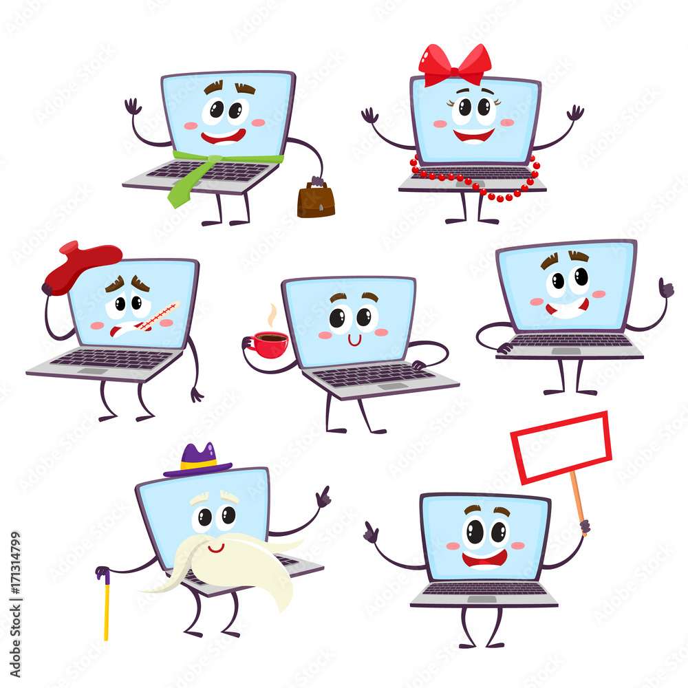 Set of various funny cartoon laptop computer characters - happy, old ...