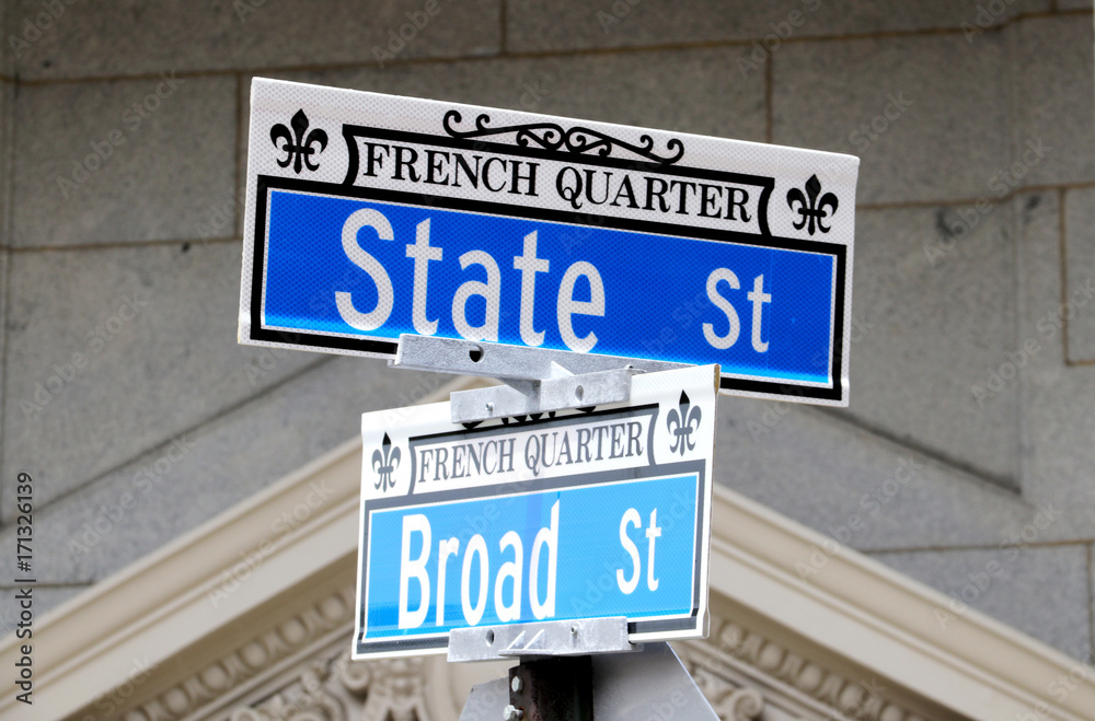 Historic downtown area city of Charleston. Signs with street names on ...