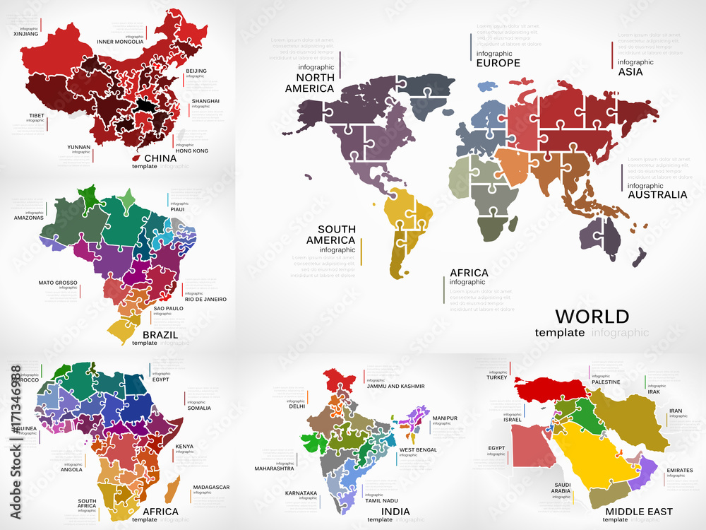 Maps infographic collection pack with World Map, China, Brazil, Africa ...