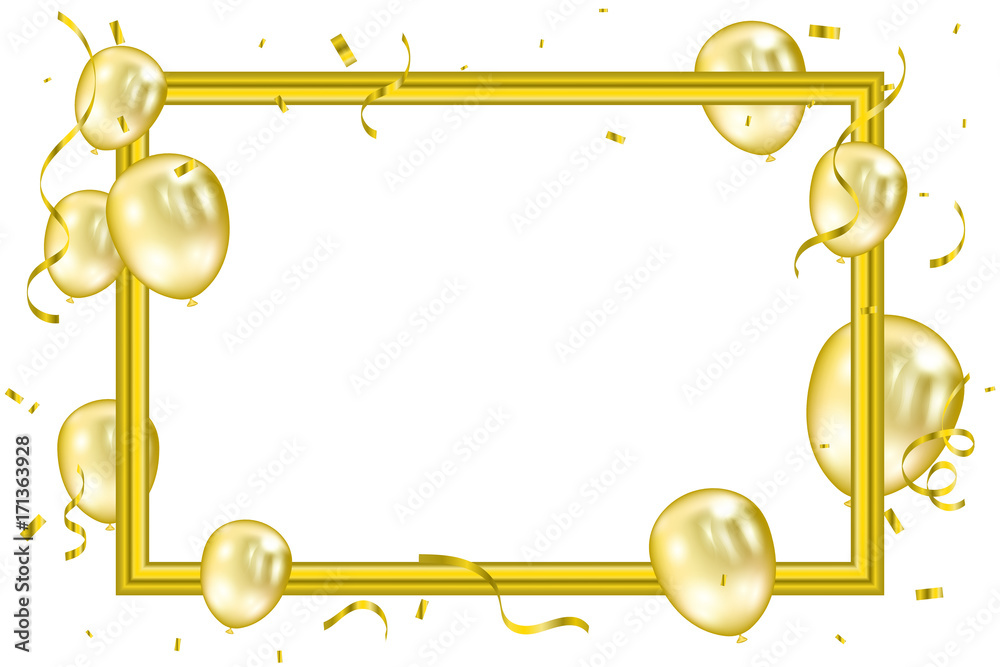Golden Confetti Ribbons With Border Frame And Balloons On White ...