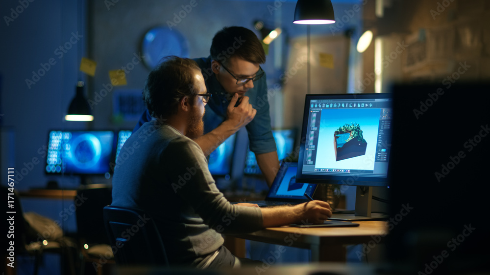 Two Male Game Developers Discuss Game Level Drawing, One Uses Graphic ...