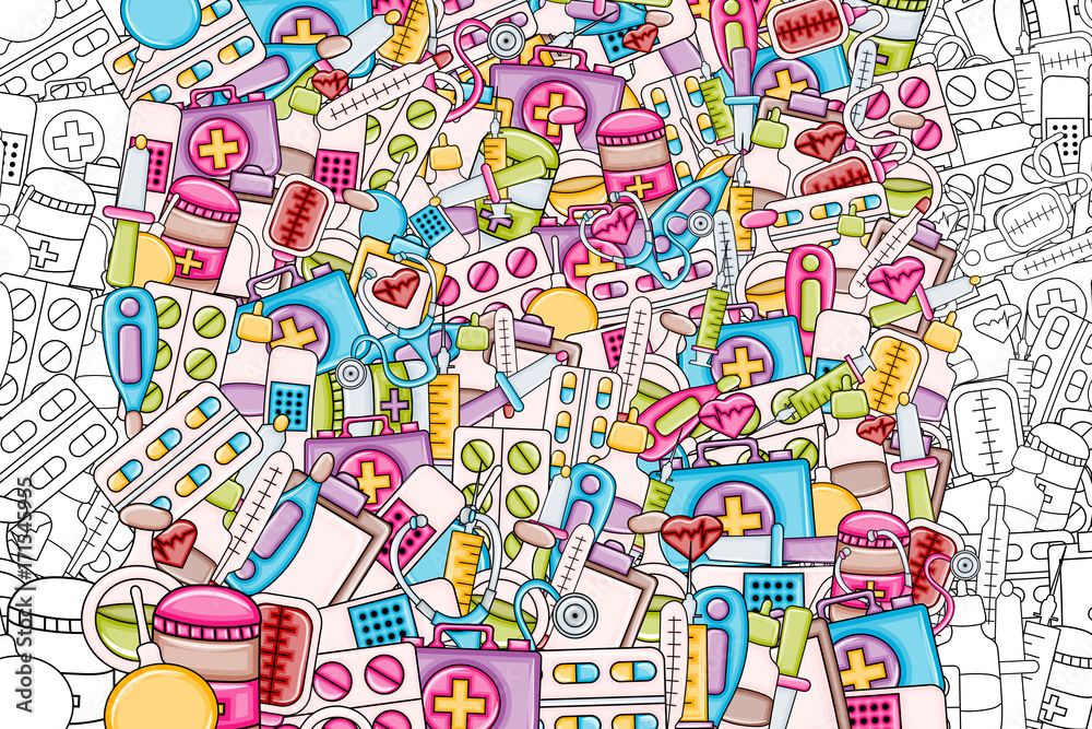 Healthcare concept cartoon doodles background design. Hand drawn black ...