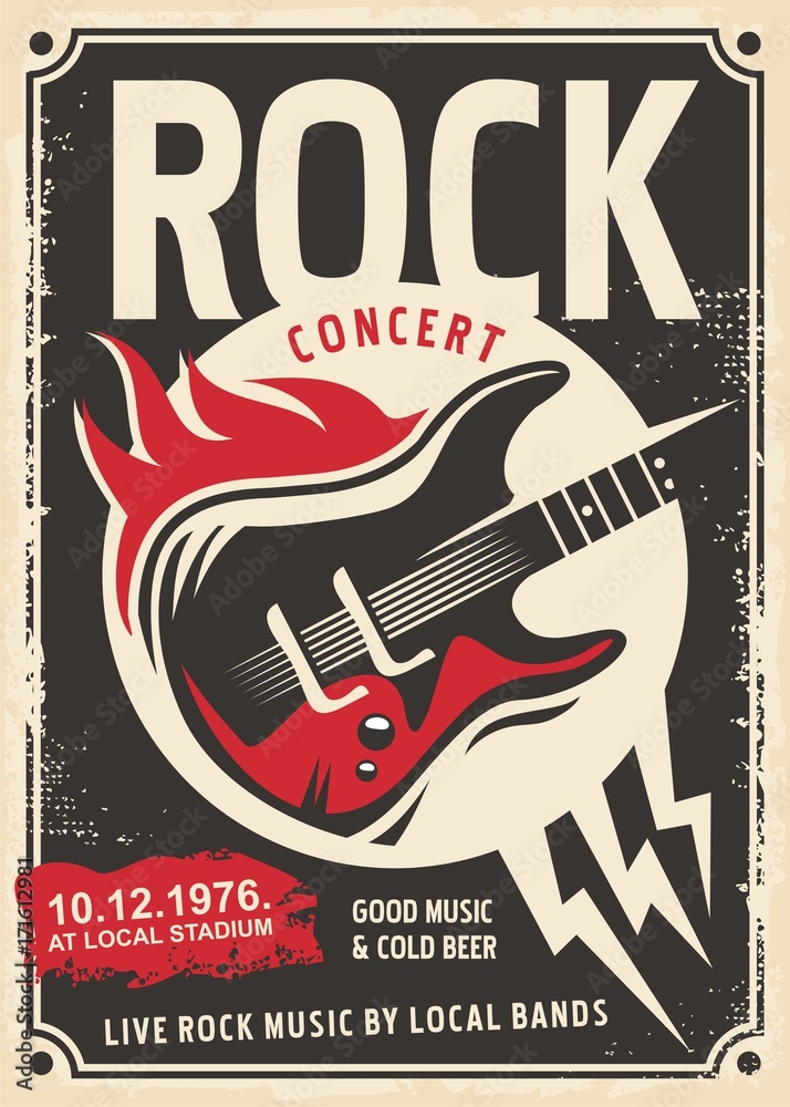 Rock music retro poster design with electric guitar and fire flames on ...