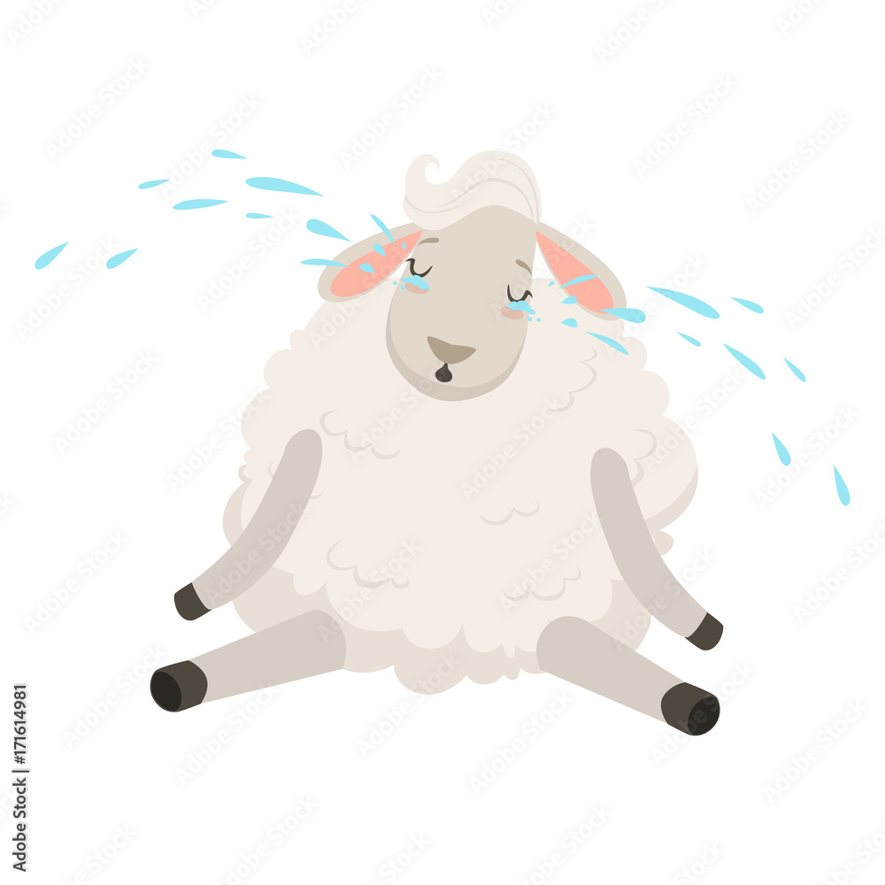 Cute sad white sheep character crying, funny humanized animal vector ...