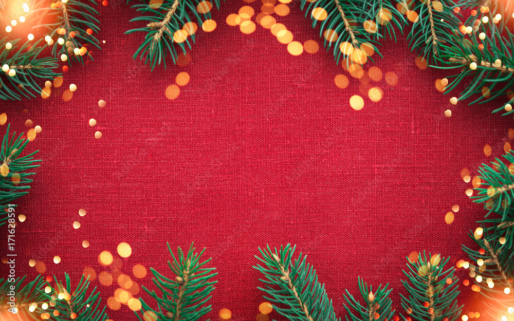 Christmas background with xmas tree and sparkle bokeh lights on red ...