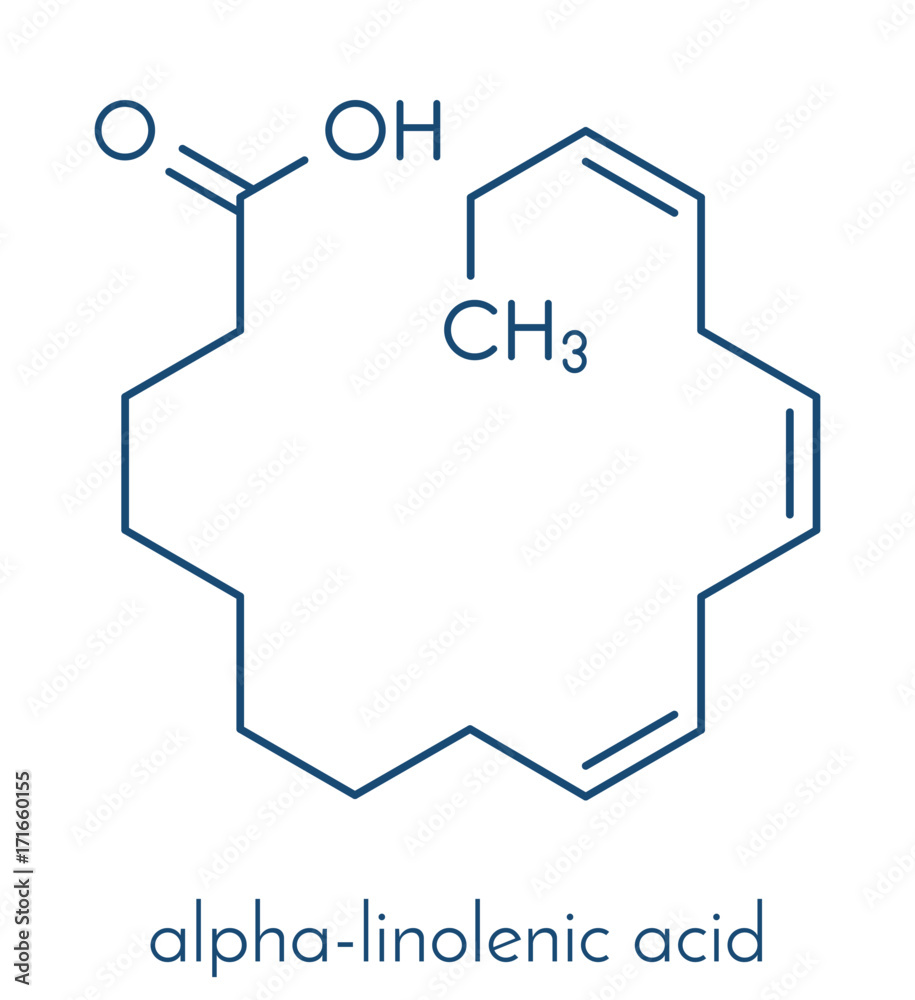 Alpha-linolenic acid (ALA) molecule. Essential polyunsaturated omega-3 ...