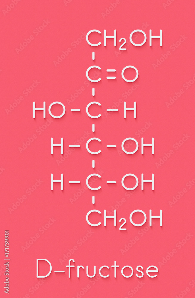 Fructose (D-fructose) fruit sugar molecule. Component of high-fructose ...