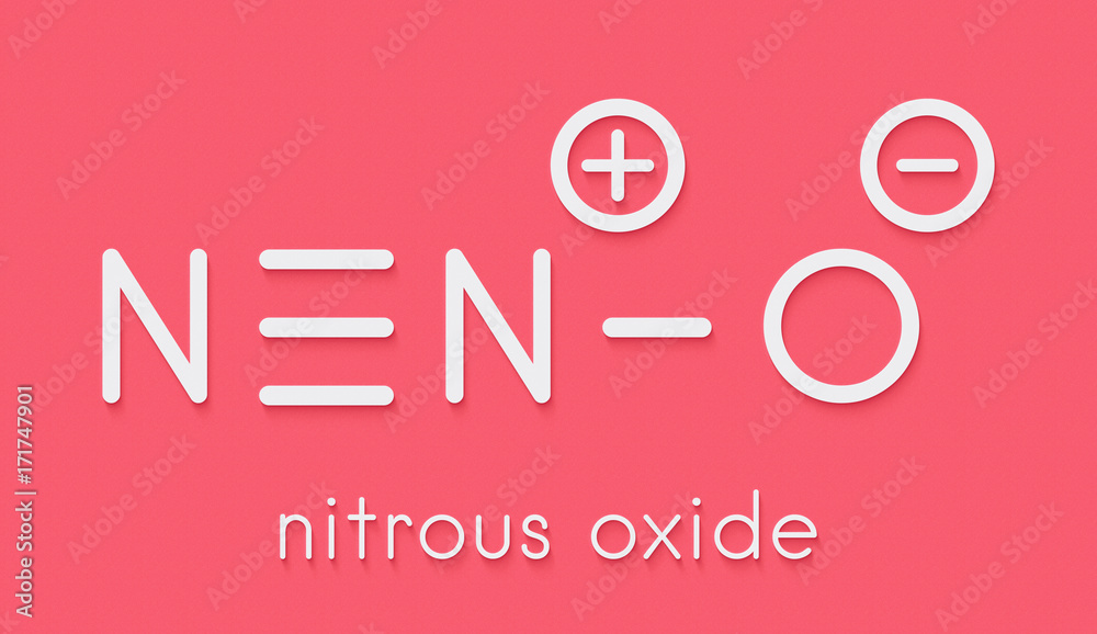 Nitrous oxide (NOS, laughing gas, N2O) molecule. Used in surgery as ...