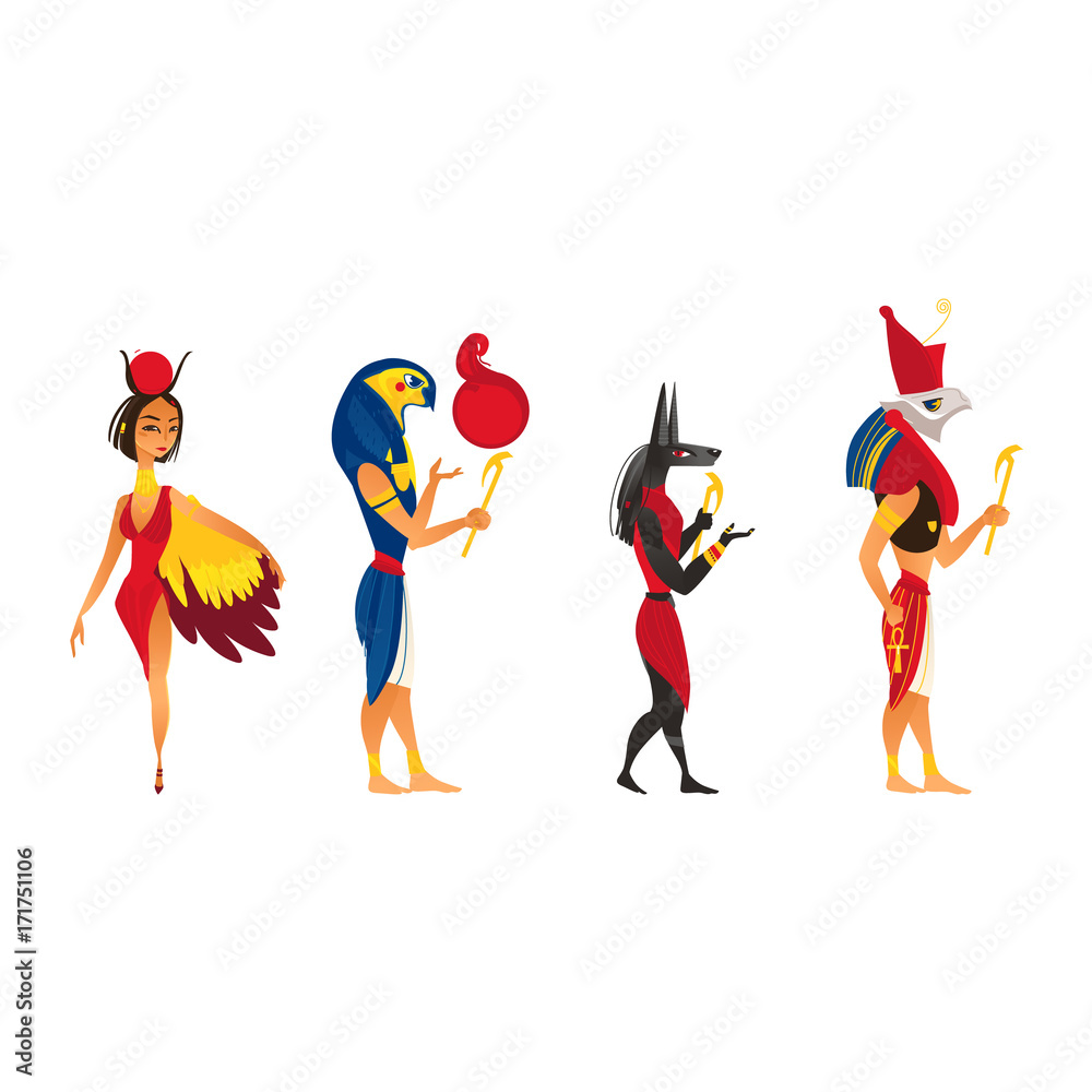 Set of ancient Egypt gods - Anubis, Ru, Horus and Hathor, flat cartoon ...