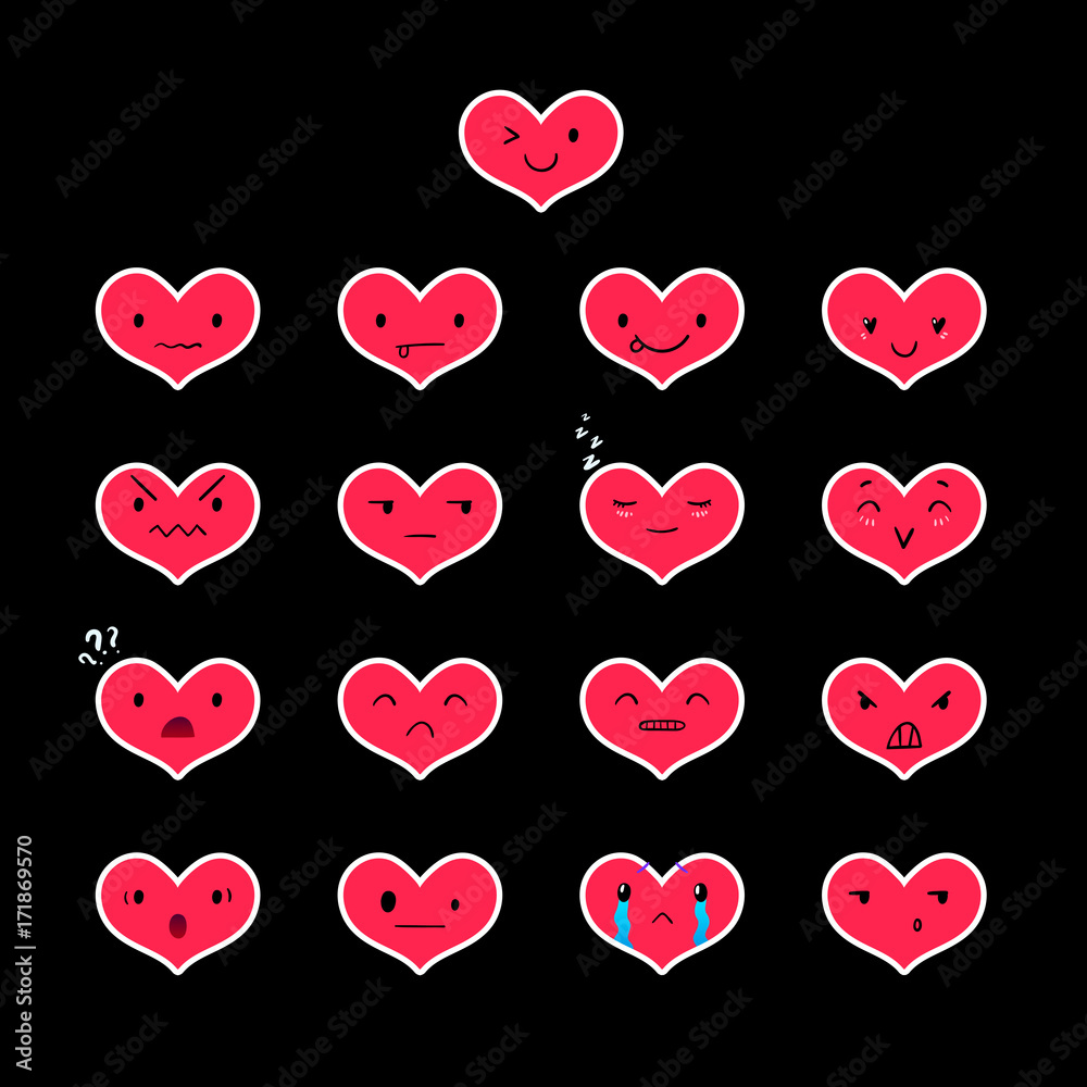 Red heart emoticons with different lovely emotions, vector set of ...