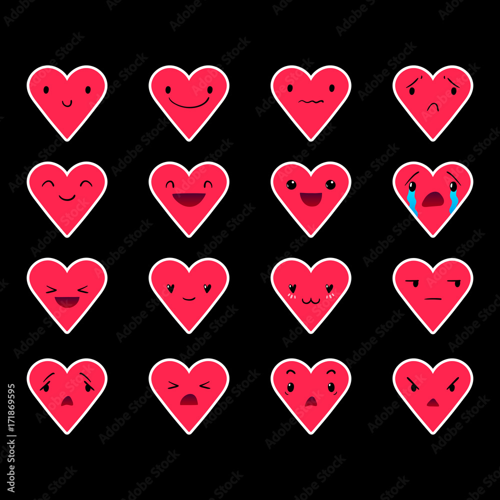 Red heart emoticons with different lovely emotions, vector set of ...