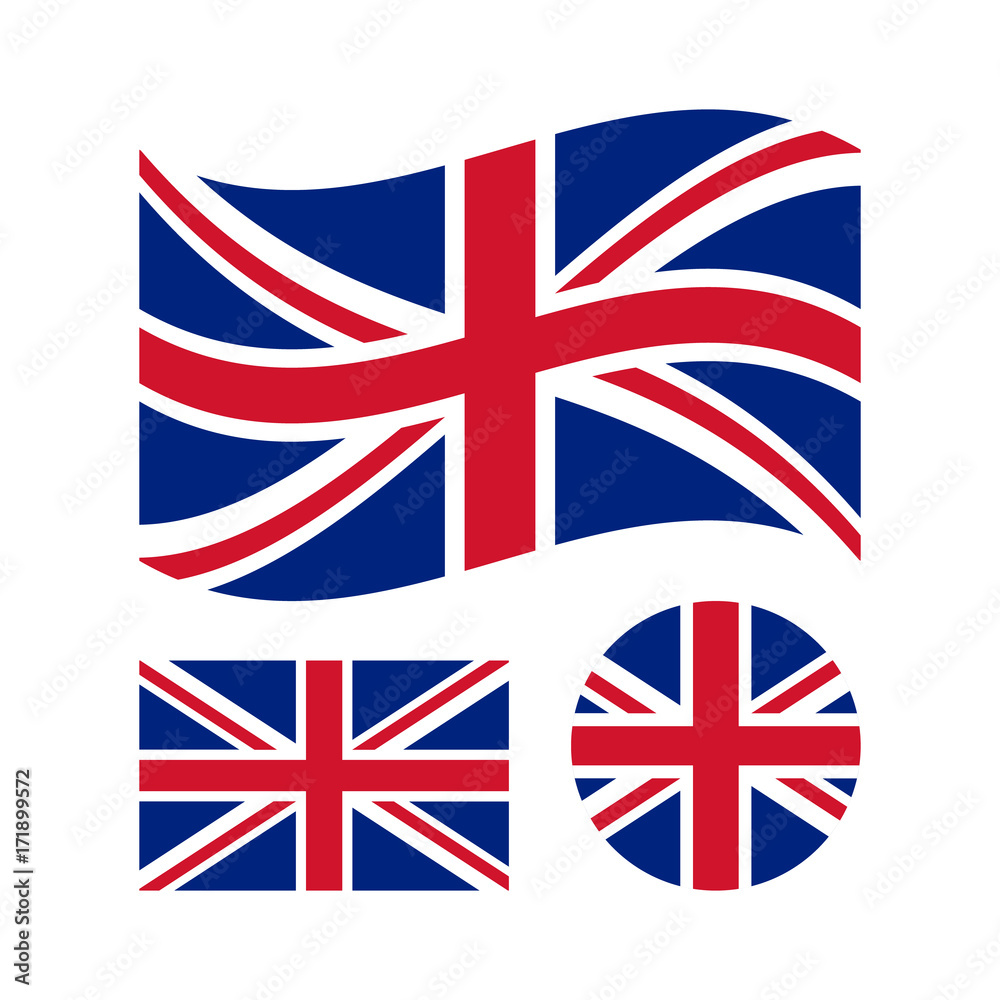 Great britain flag set. Rectangular, waving and circle Union Jack flag ...