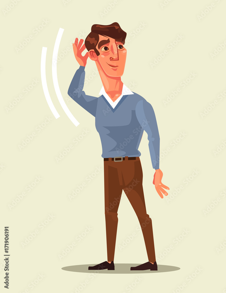 Curious man character overhears strange conversation. Vector flat ...