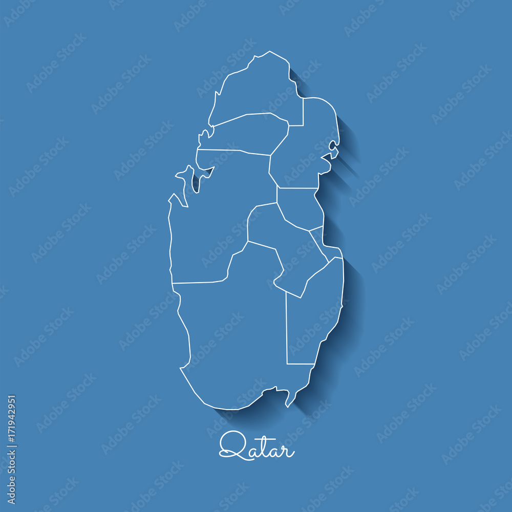 Qatar region map: blue with white outline and shadow on blue background ...