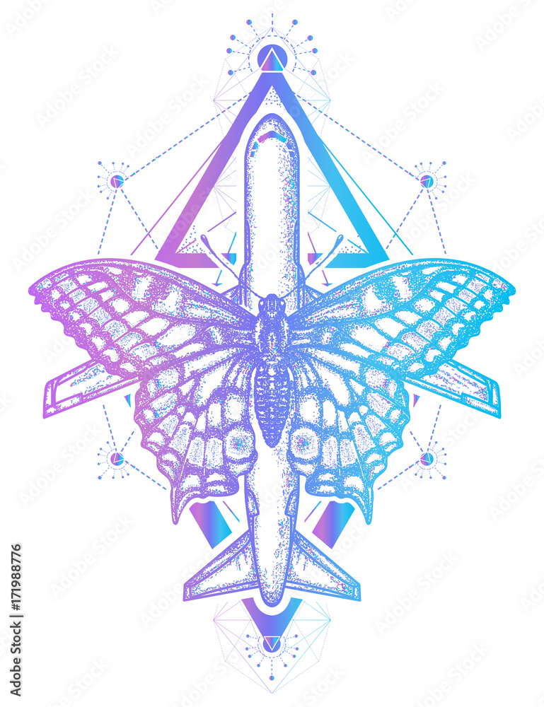 Beautiful butterfly and taking-off plane t-shirt design. Butterfly and ...