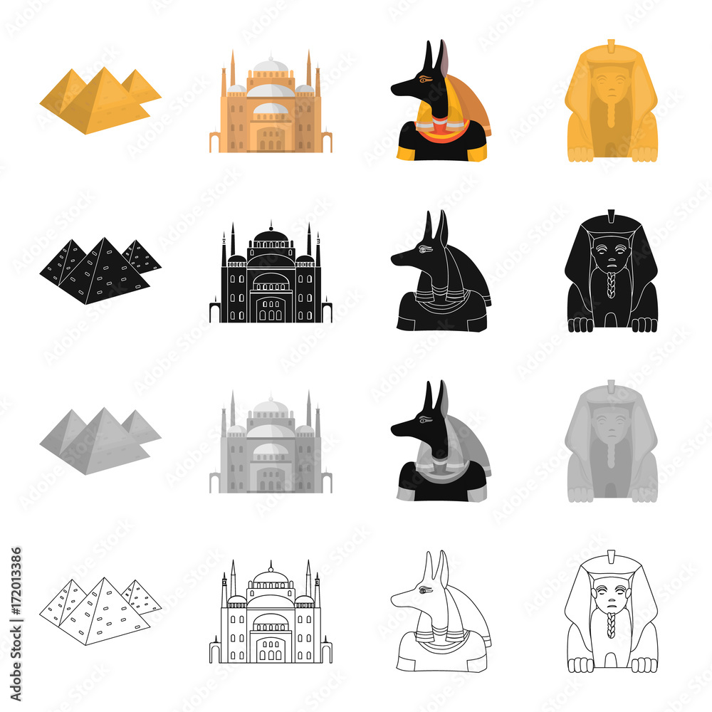 Egyptian pyramids, Cairo Palace, statue of Anubis, sculpture of the Sphinx. Ancient Egypt set ...