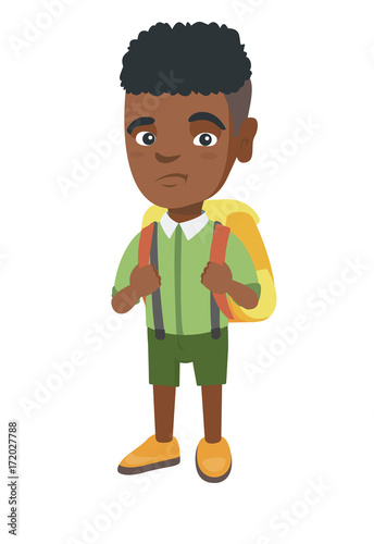 Little african-american sad schoolboy carrying a backpack. Full length ... Little african-american sad schoolboy carrying a backpack. Full length ...