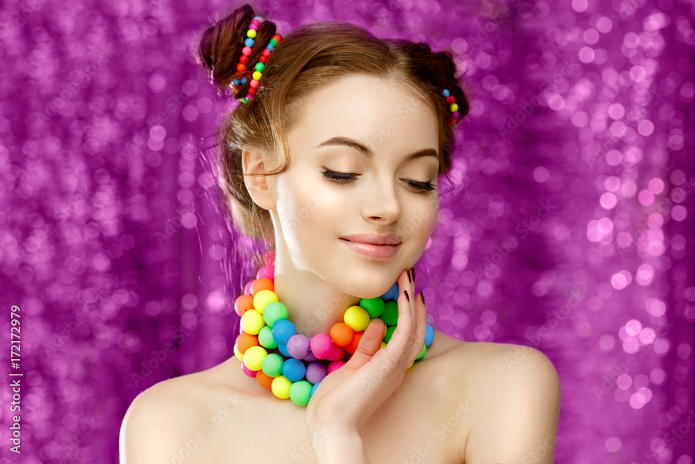Stock-Foto „Bright girl model holding hands from face. Beautiful ...