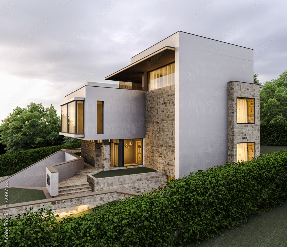 Conceptual renders of modern minimalism private house. 3d illustration ...