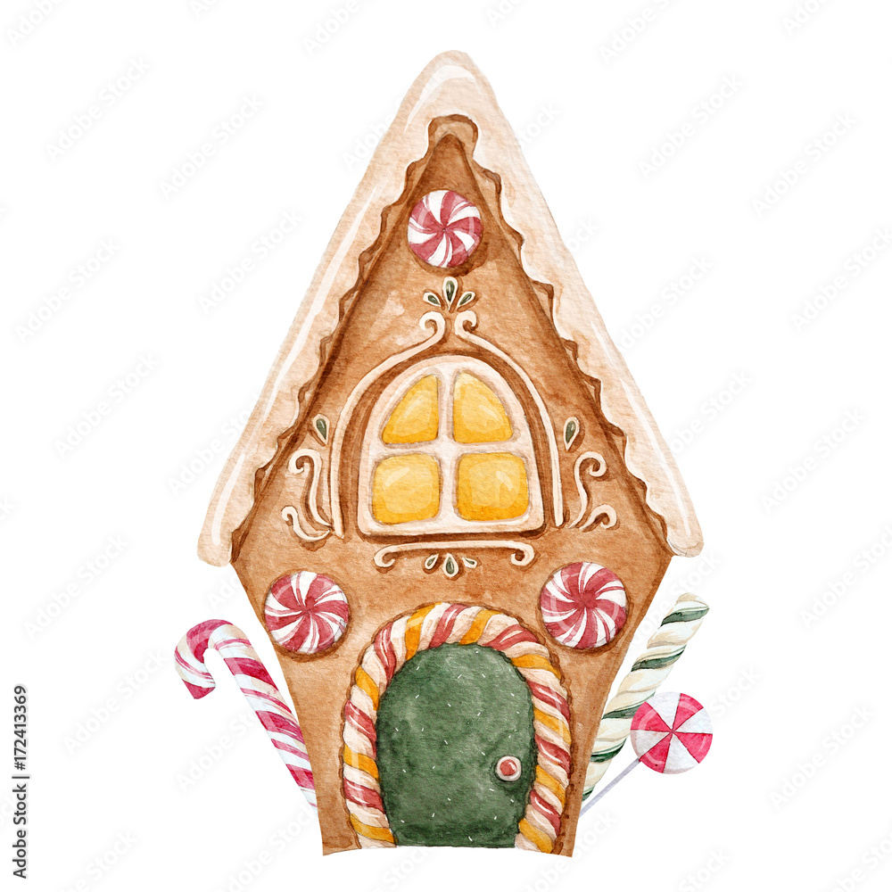 Watercolor gingerbread house Stock Illustration | Adobe Stock