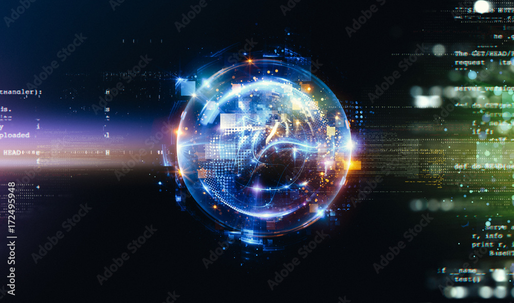 Abstract tech background. Floating Numbers HUD Background. Matrix particles grid virtual reality ...