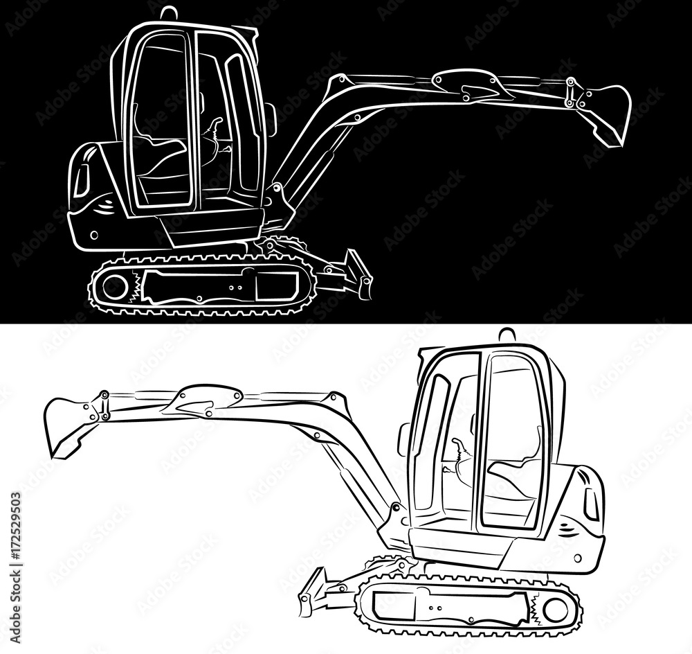 Excavator basic line art vector clip art black and white isolated heavy ...